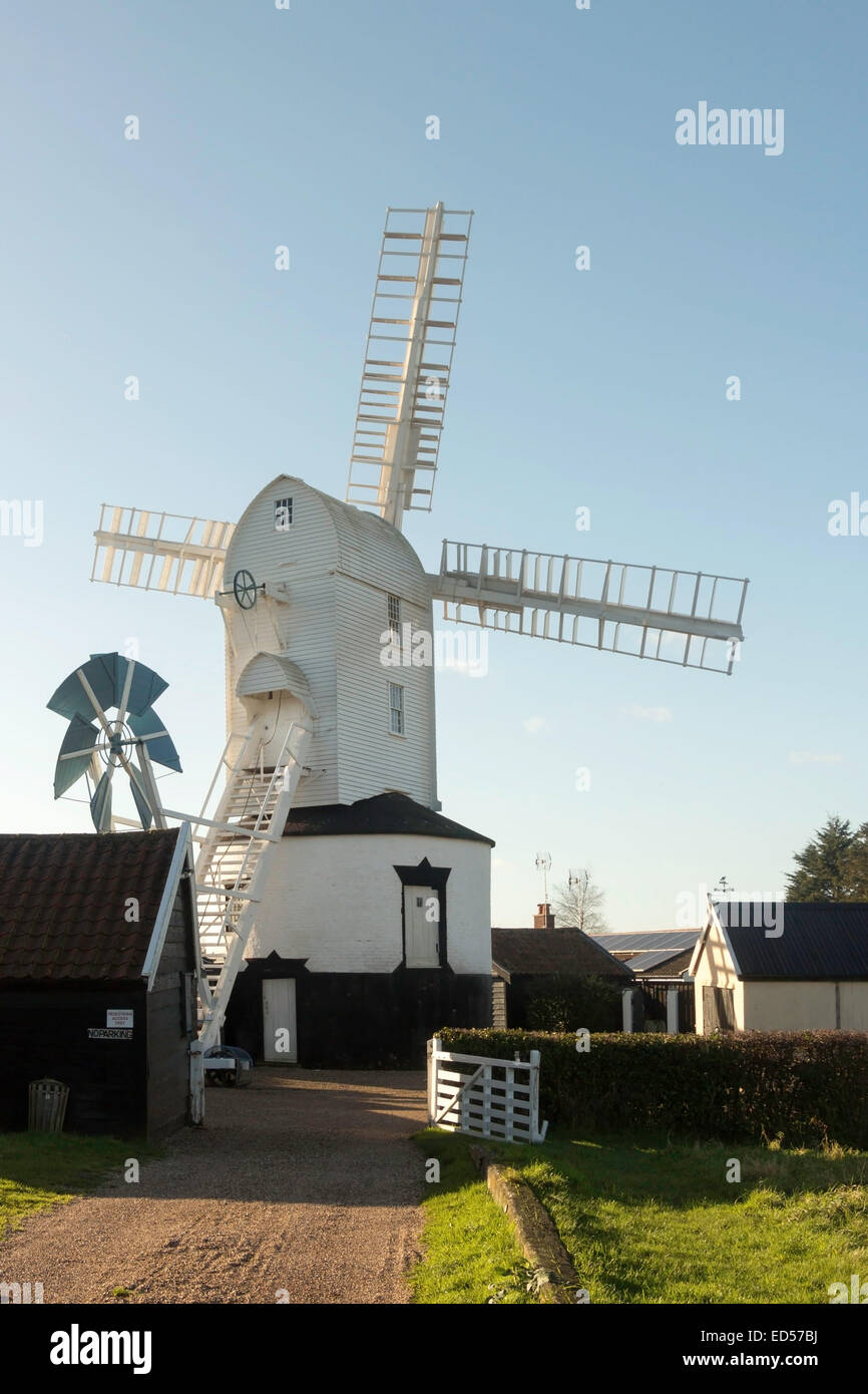 Saxtead Green Mill post mill with 3 story roundhouse.The mill has four ...