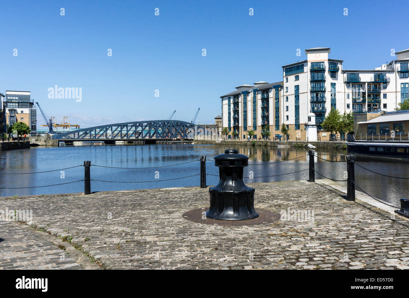 Queen's Dock in Leith harbour Edinburgh Scotland with old bridge over ...