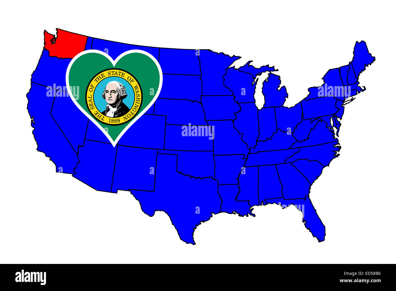 Washington state outline and icon inset set into a map of The United ...