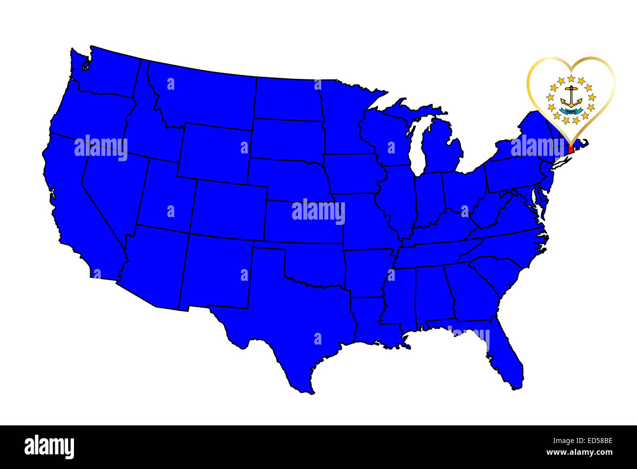 Rhode Island state outline and icon inset set into a map of The United ...