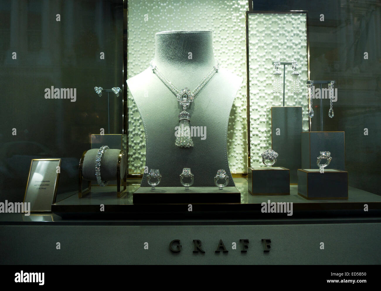 Jewelry in the shop window of Graff jewelers at Christmas time in Old ...