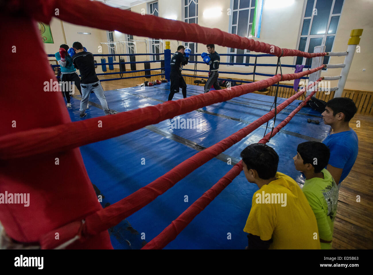 Students of High school of sport art in boxing train on the boxing ring ...