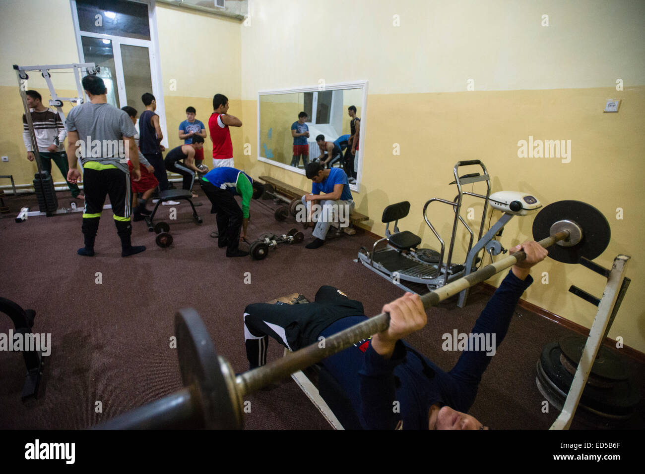 Students of High school of sport art in boxing train with hardwire in ...