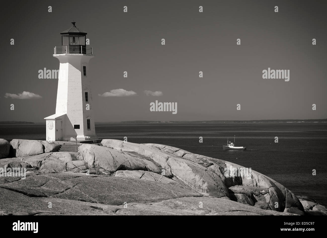 Sepia Peggy's Cove lighthouse, Nova Scotia, Canada. Lobster boat ...