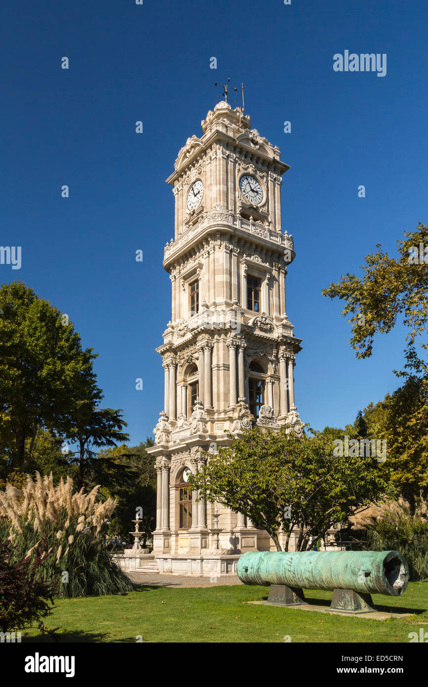 The ornate clock tower of the Dolmabahçe Palace in Istanbul, Turkey ...