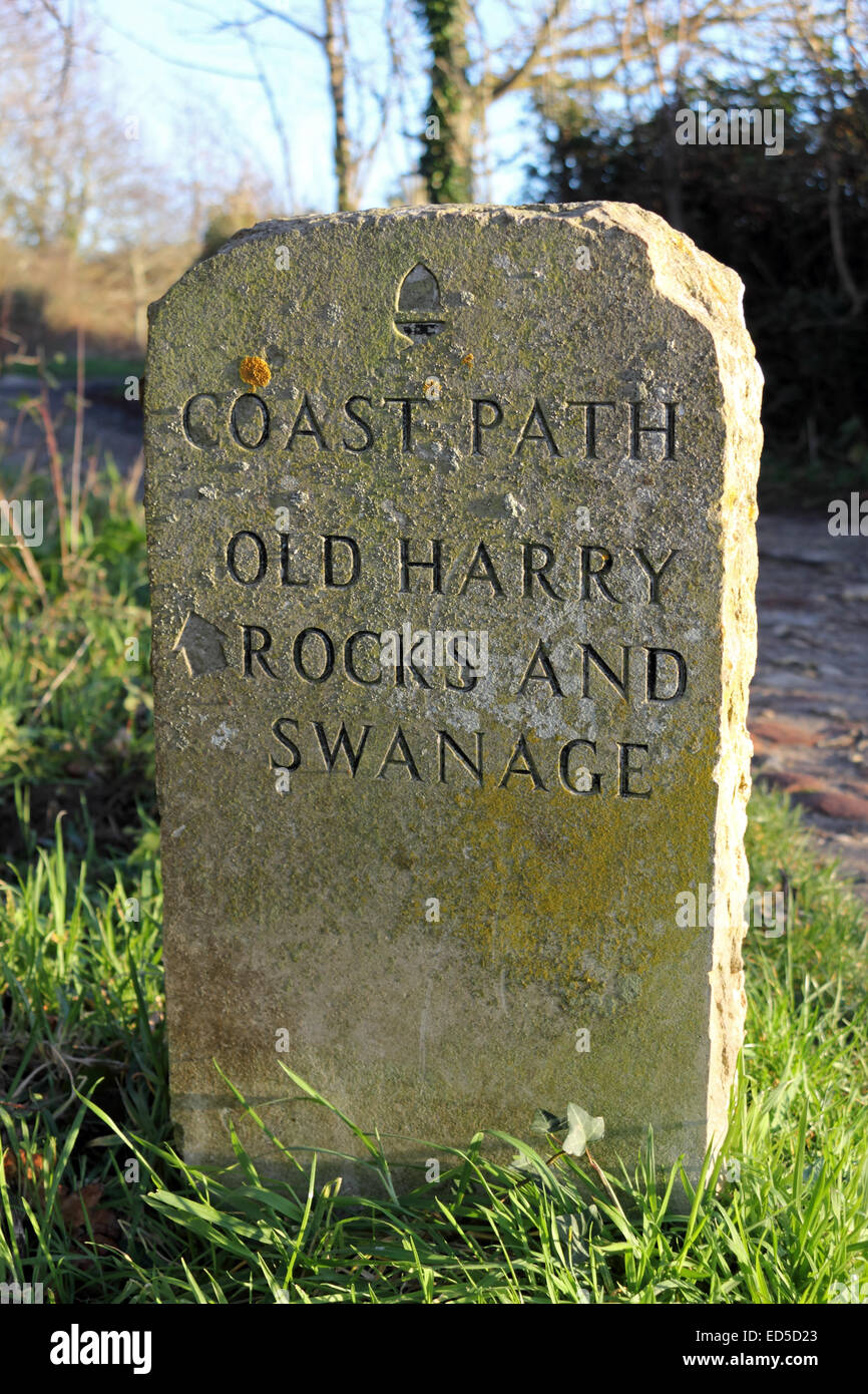 The Old Harry Rocks and Swanage coast path sign on the Isle of Purbeck ...
