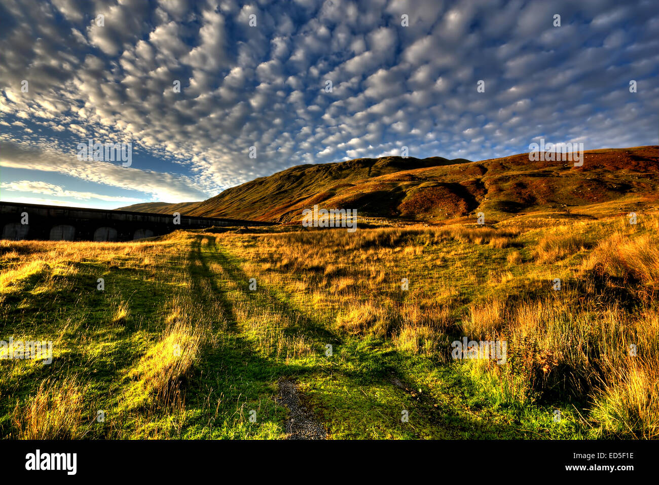 Late evening sun at Glen Lyon with Loch Lyon Reservoir Dam just showing ...