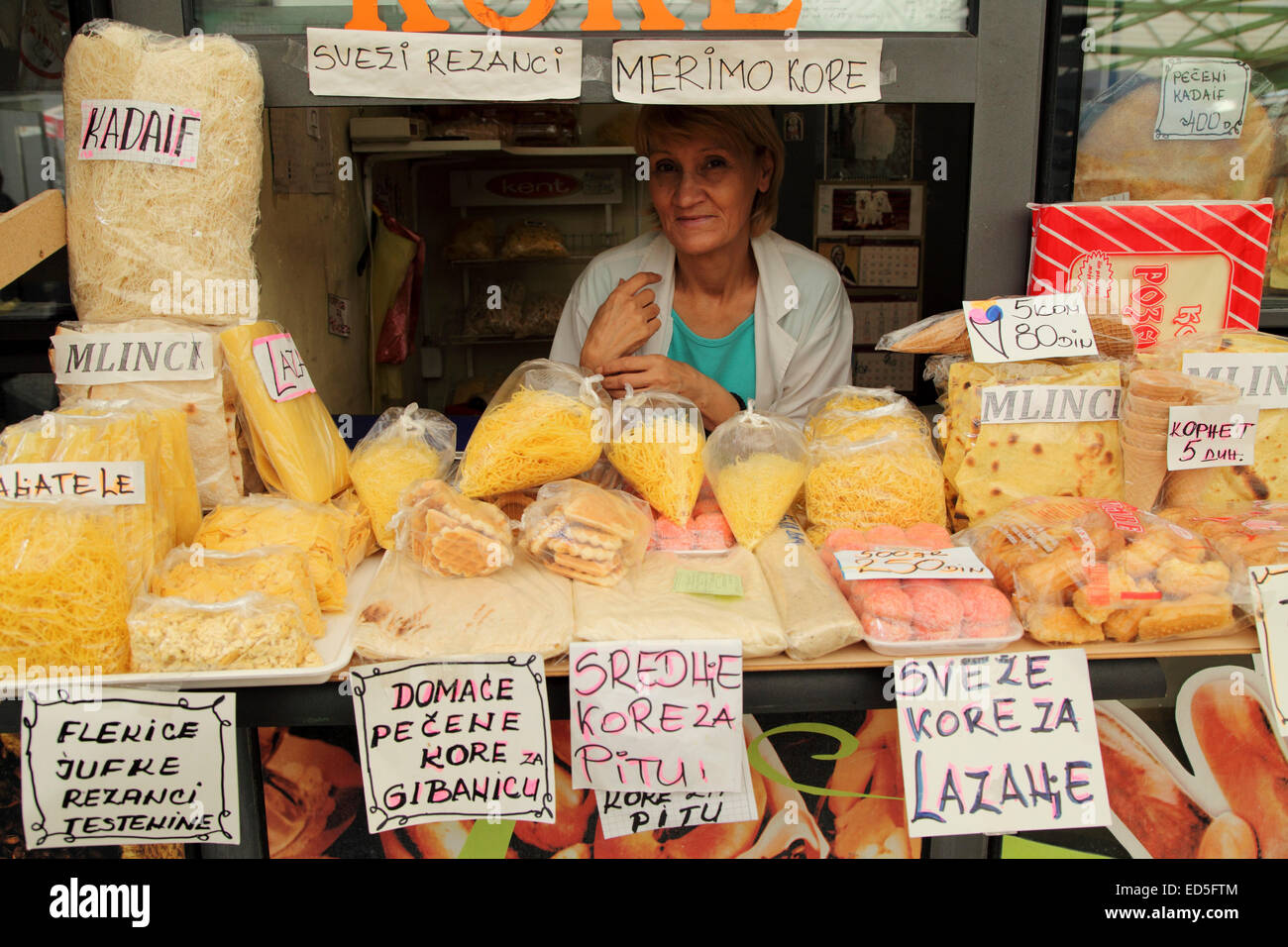 A woman at a stall selling freshly made pasta at the Zeleni Venac green ...