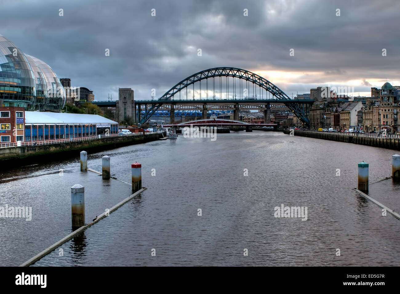 The River Tyne looking towards Tyne Bridge from the Millennium Bridge ...