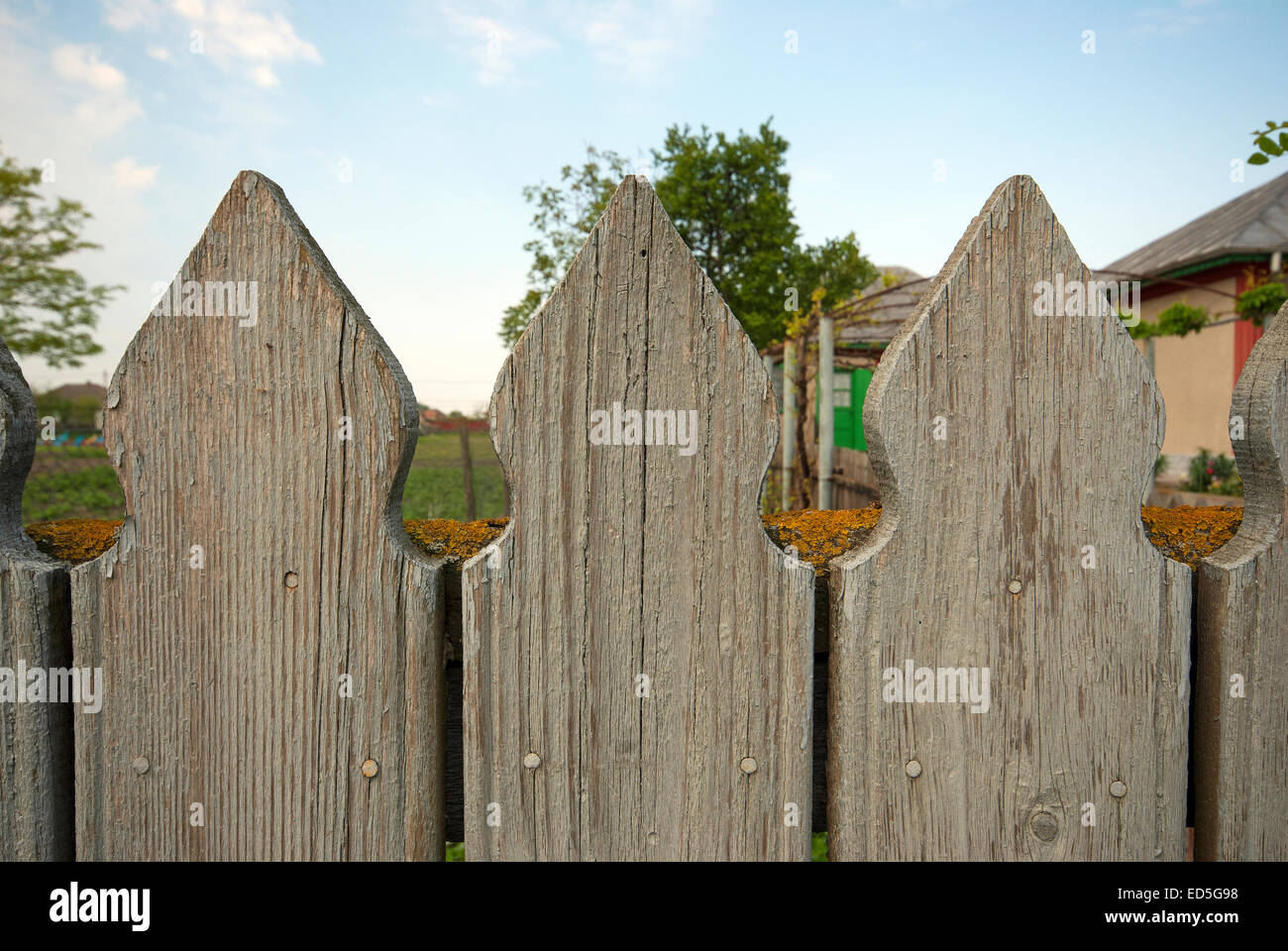 Detail of a typical wooden fence, village of Caraoman, Danube delta ...