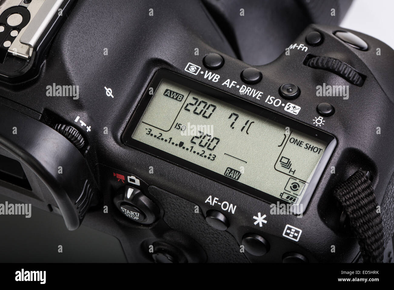 Professional modern DSLR camera - detail of the top LCD with settings ...