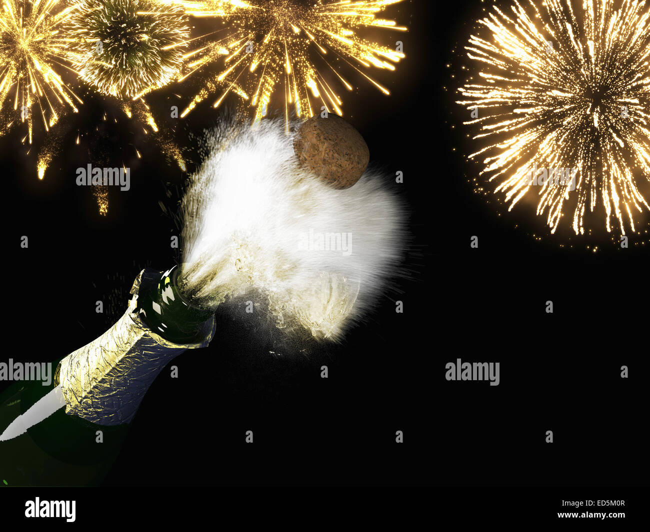 Champagne bottle and cork with lit firework Stock Photo - Alamy