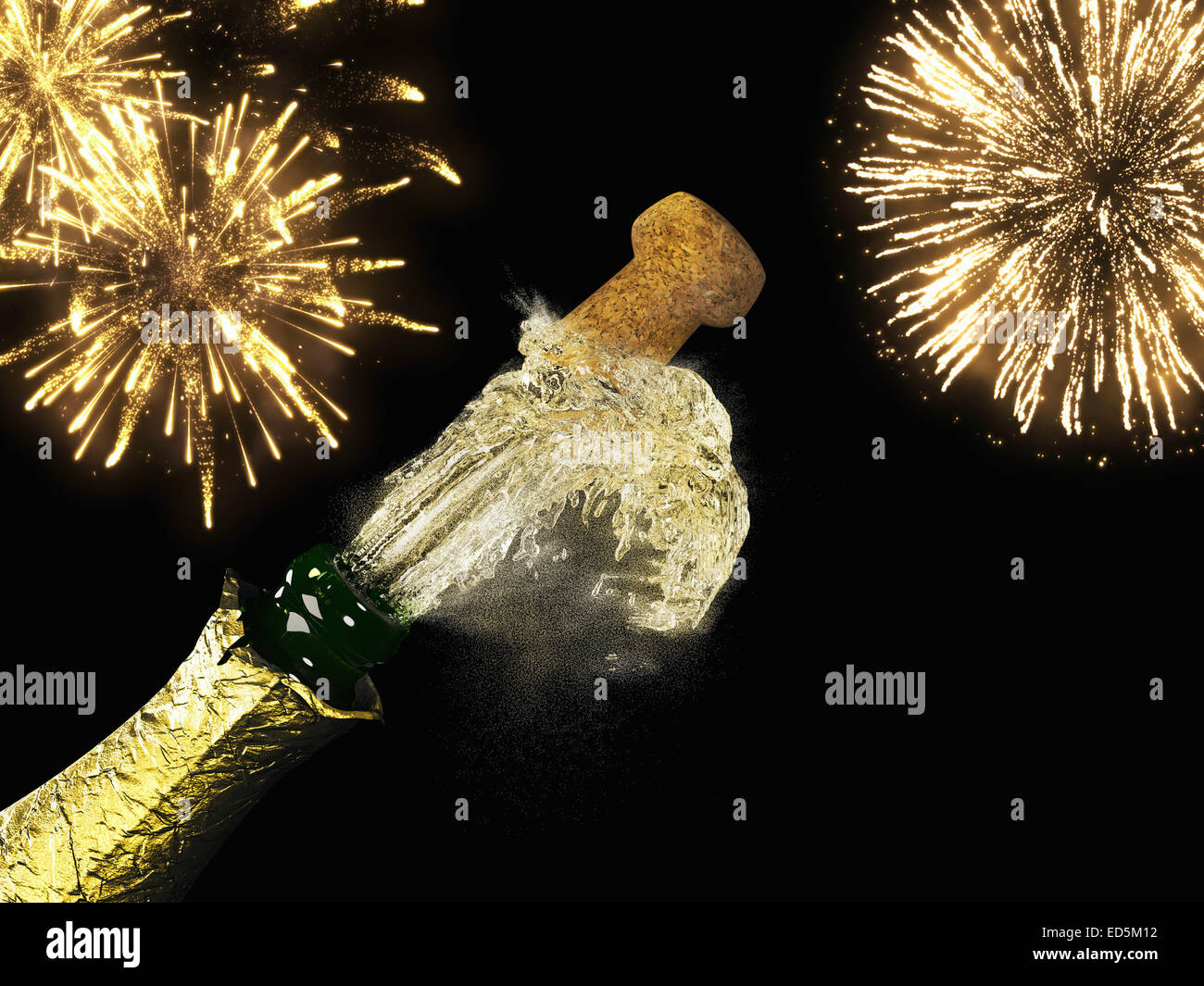 Champagne bottle and cork with lit firework Stock Photo - Alamy