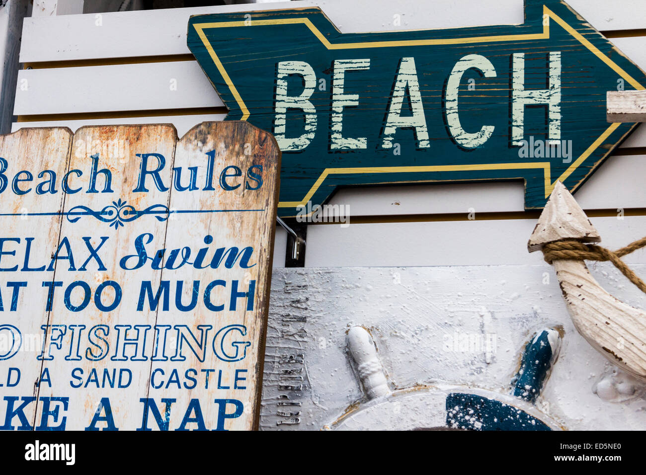 Colorful and welcoming Beach signage and decor directing visitors to ...