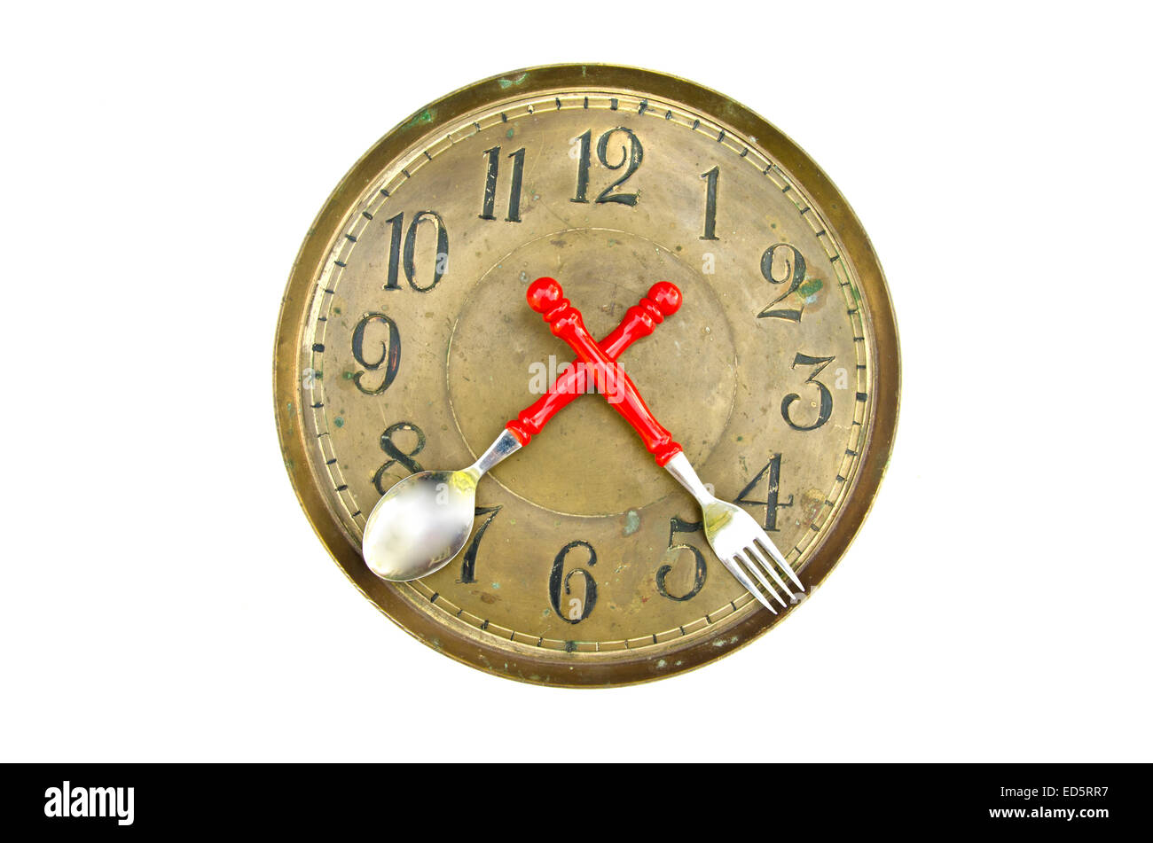 antique brass clock face dial with flatware arrows isolated on white ...