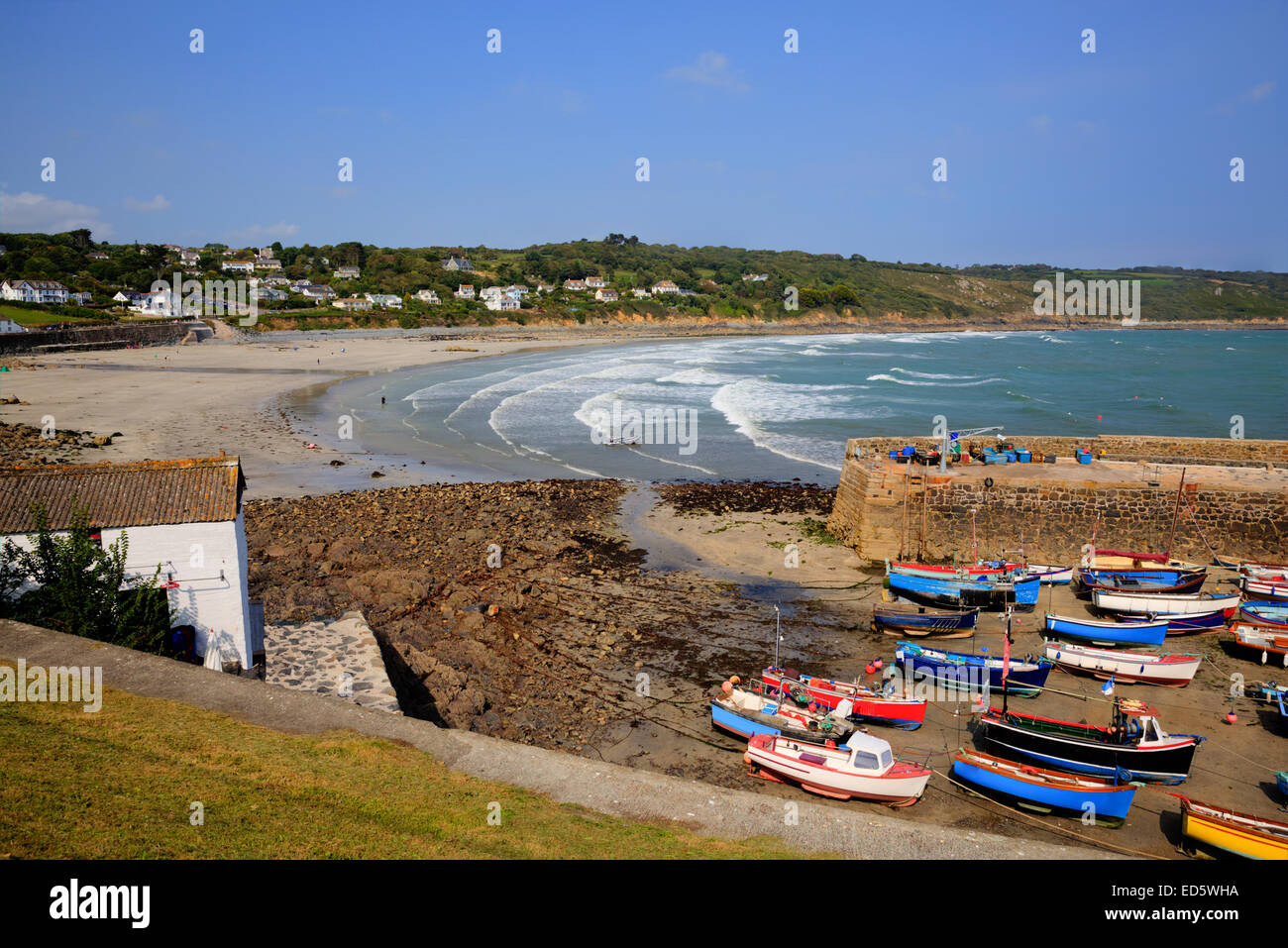 Coverack beach waves and harbour Cornwall England UK coastal fishing ...