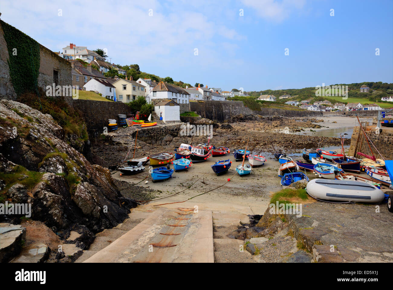 Low tide Coverack harbour Cornwall England UK coastal fishing village ...