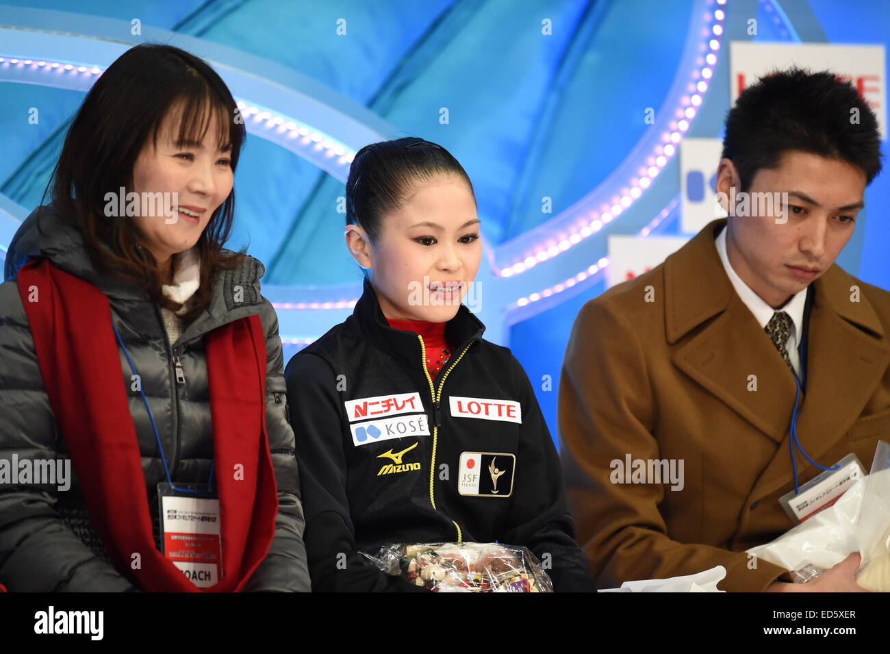 L-R) Mie Hamada coach, Satoko Miyahara, Yamato Tamura coach, DECEMBER ...