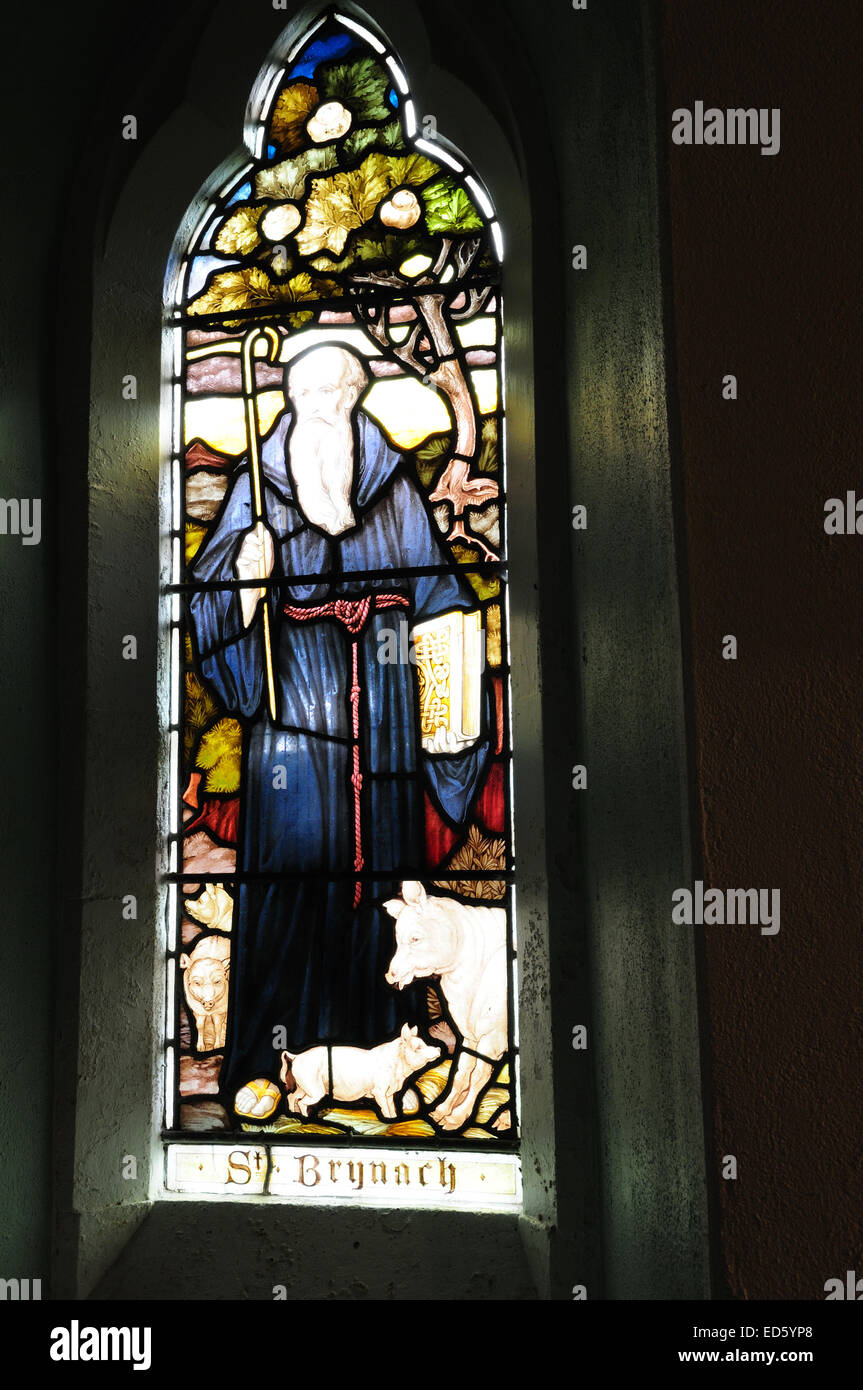 A stained glass window depicting St Brynach at St Brynach's Church ...