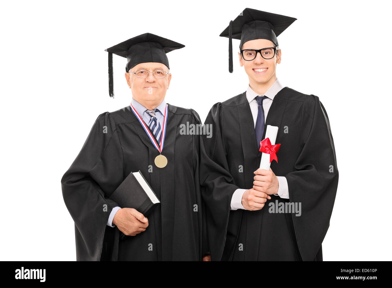 Young graduate posing with the university dean isolated on white ...