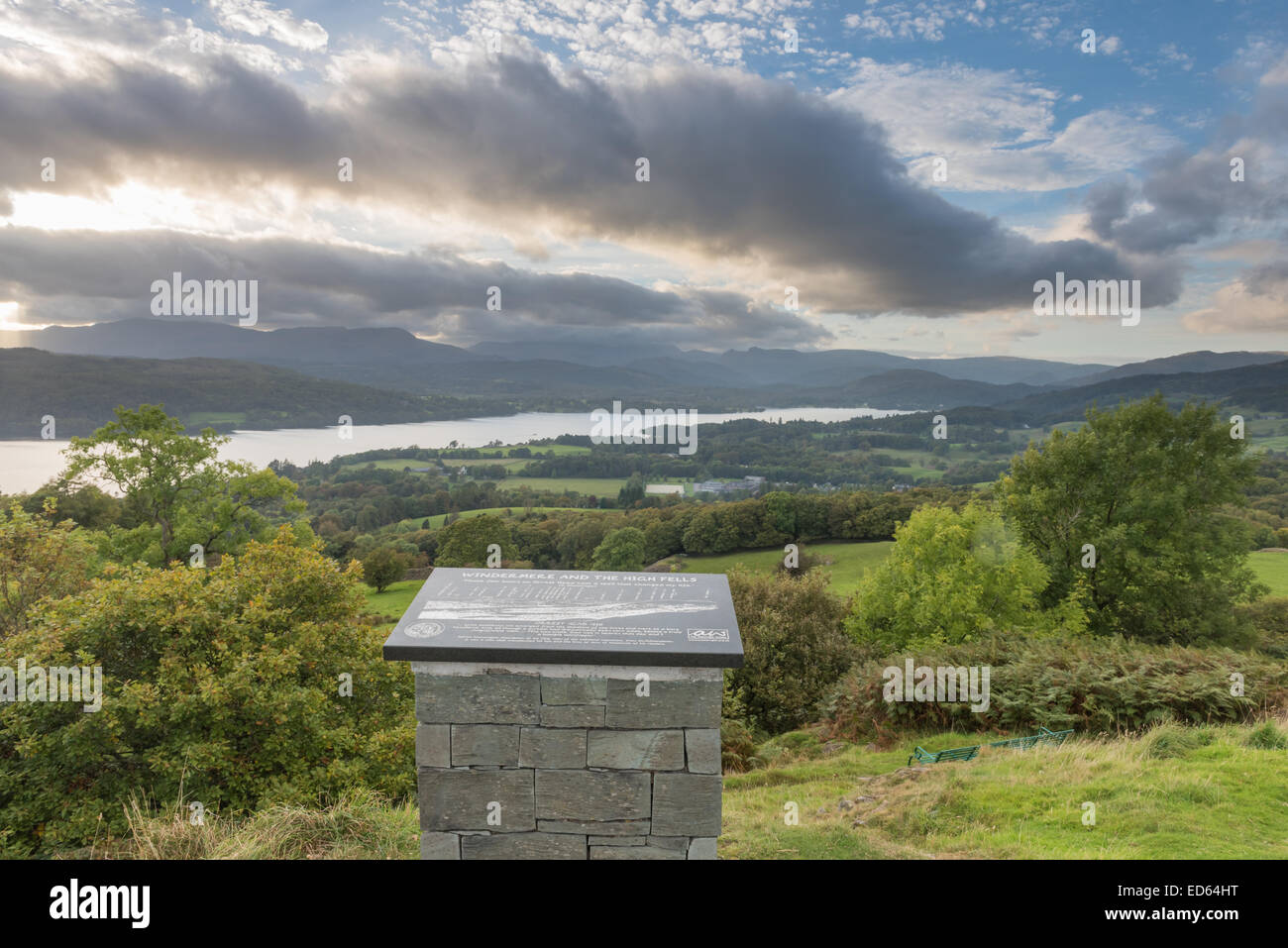 Slate plinth atop Orrest Head viewpoint with Lake Windermere in the ...