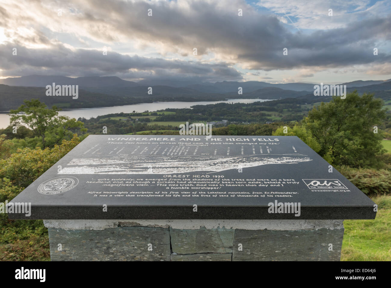 Slate plinth on Orrest Head above Windermere, English Lake District ...