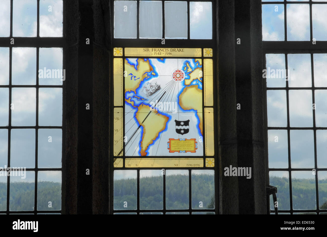 Sir Francis Drake's stained glass window at Buckland Abbey, near ...