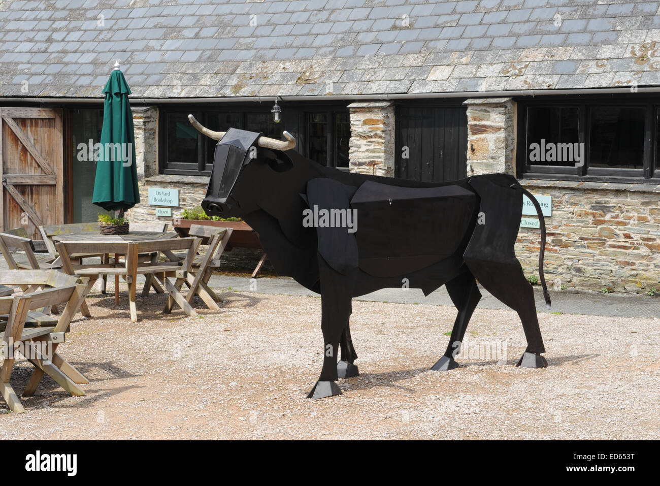 Statue of an Ox standing in the courtyard at Buckland Abbey, near ...