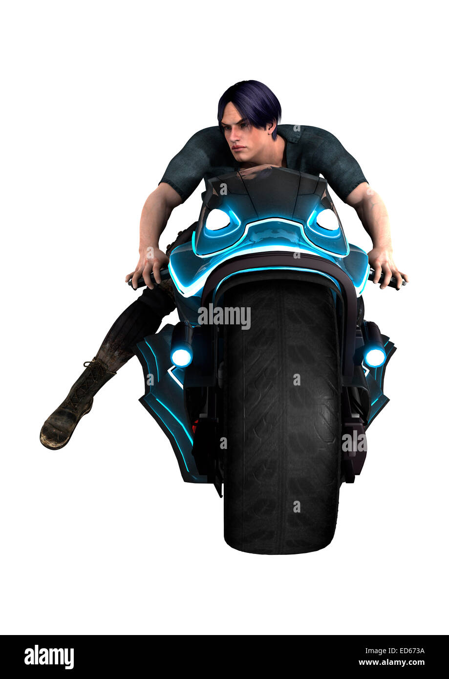 3D digital render of a handsome young man riding a motorcycle isolated ...