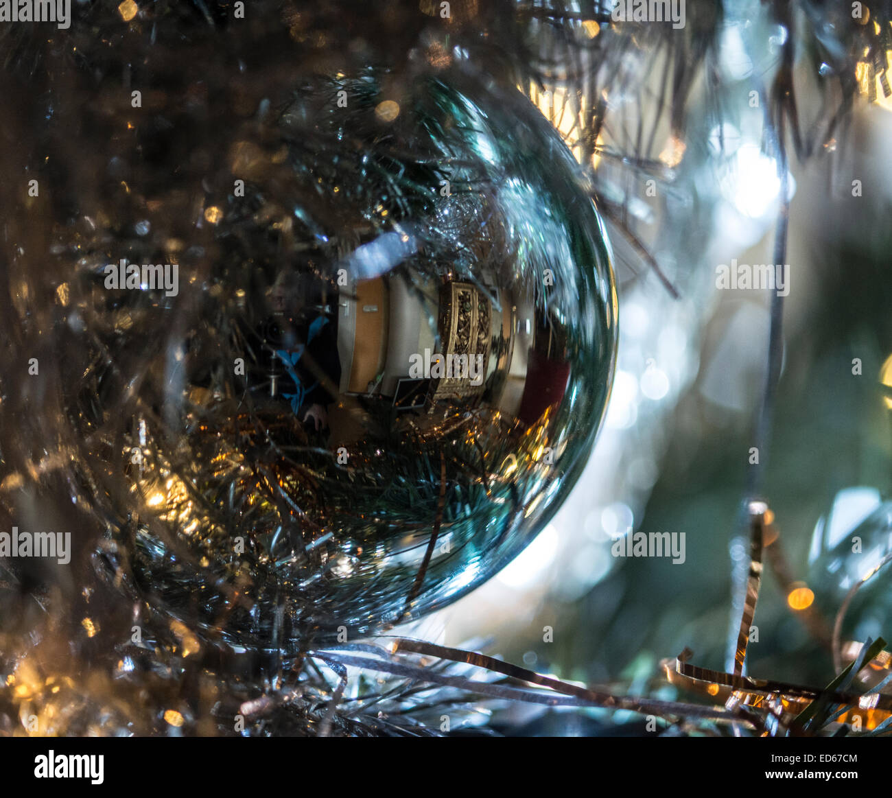 Close up of silver Christmas ball in tree with reflections Stock Photo ...