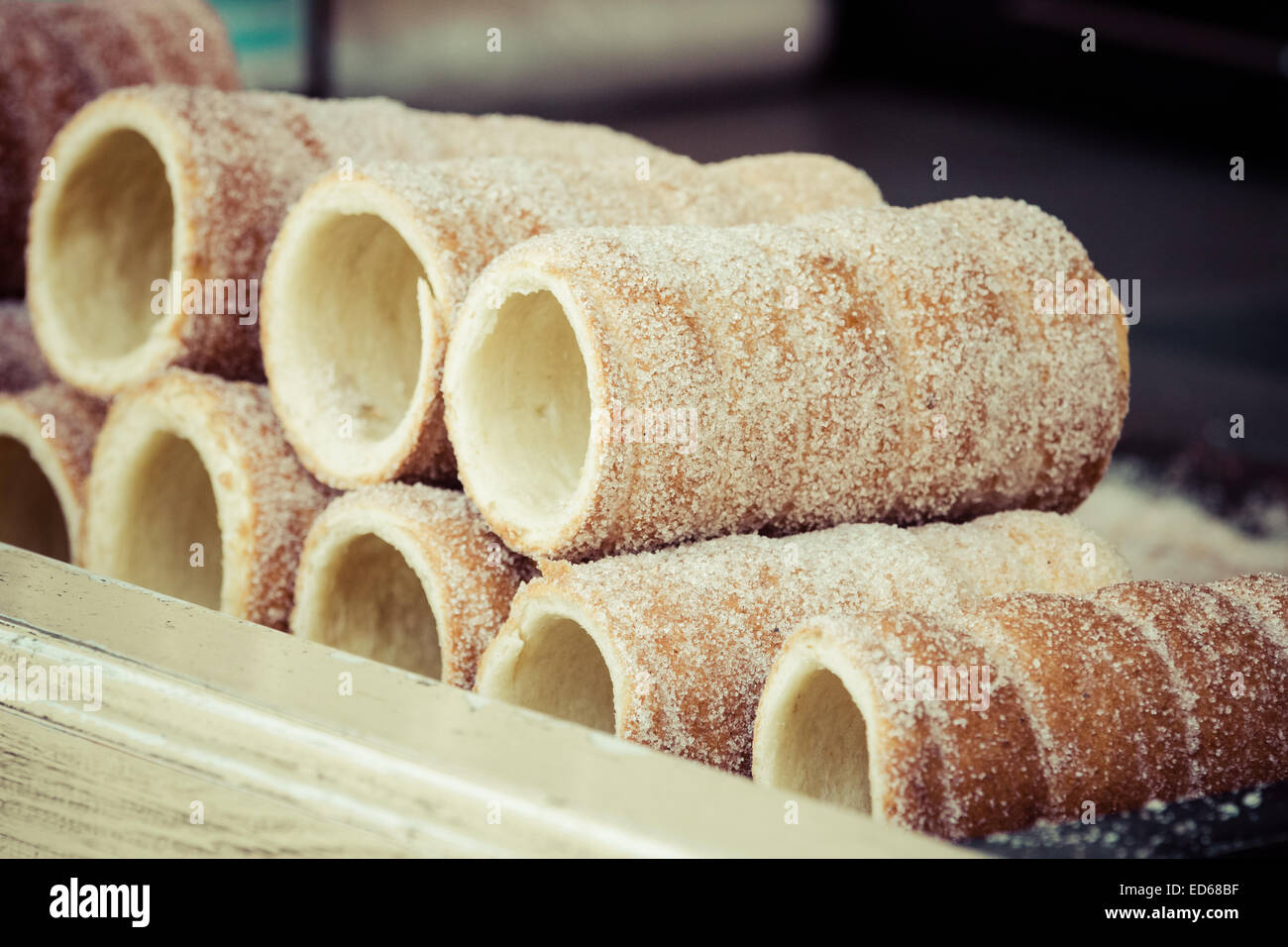 Trdelnik - Czech traditional sweet pastries. Toning in pastel colors ...
