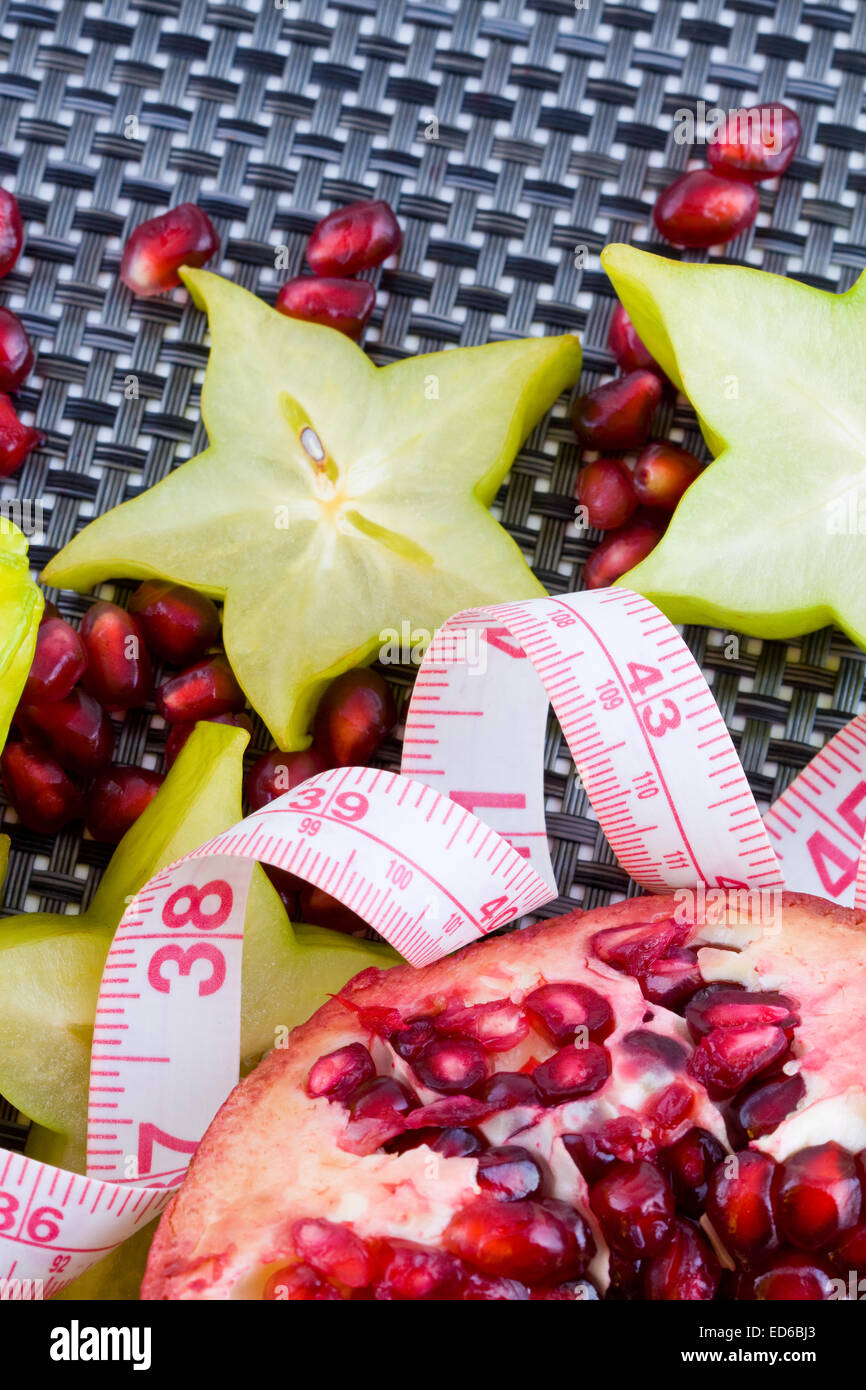 Fresh pomegranate and carambola fruits with tailor tape Stock Photo - Alamy