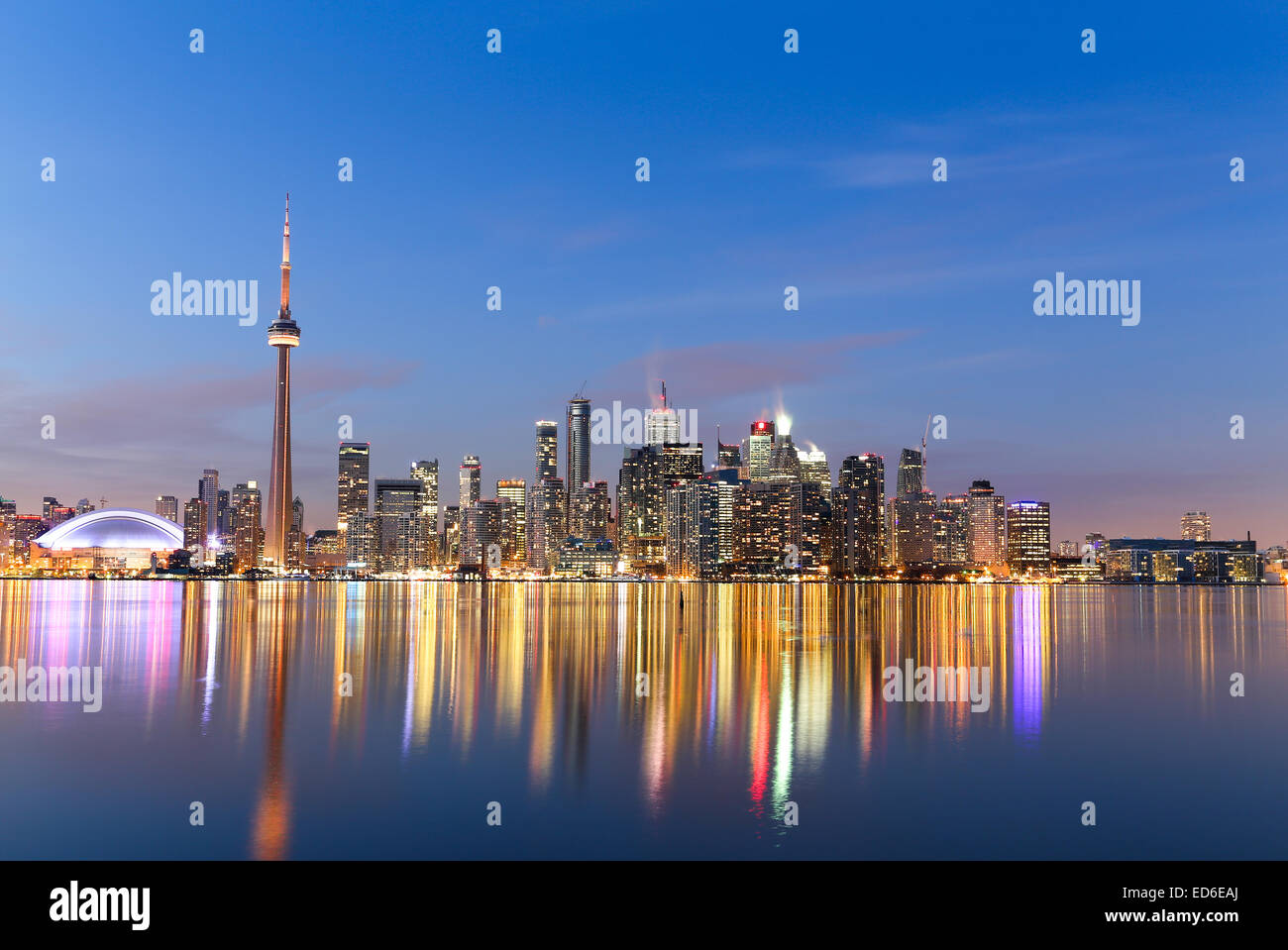 A view of the Toronto Skyline at twilight in the winter showing ...