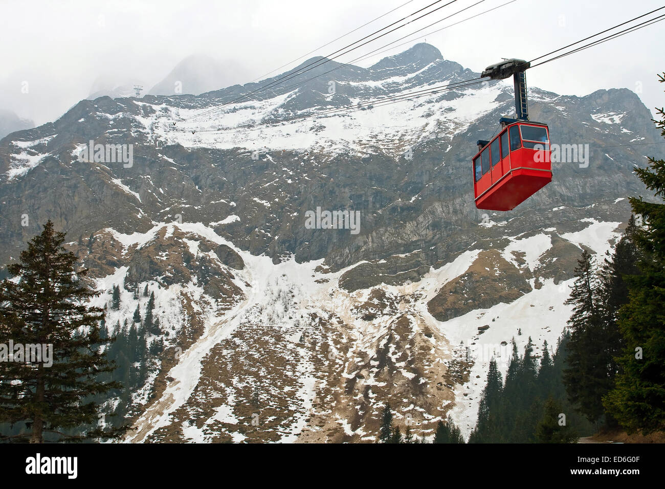 Red cable car railway and landscape of Pilatus Mountain at Lucern ...