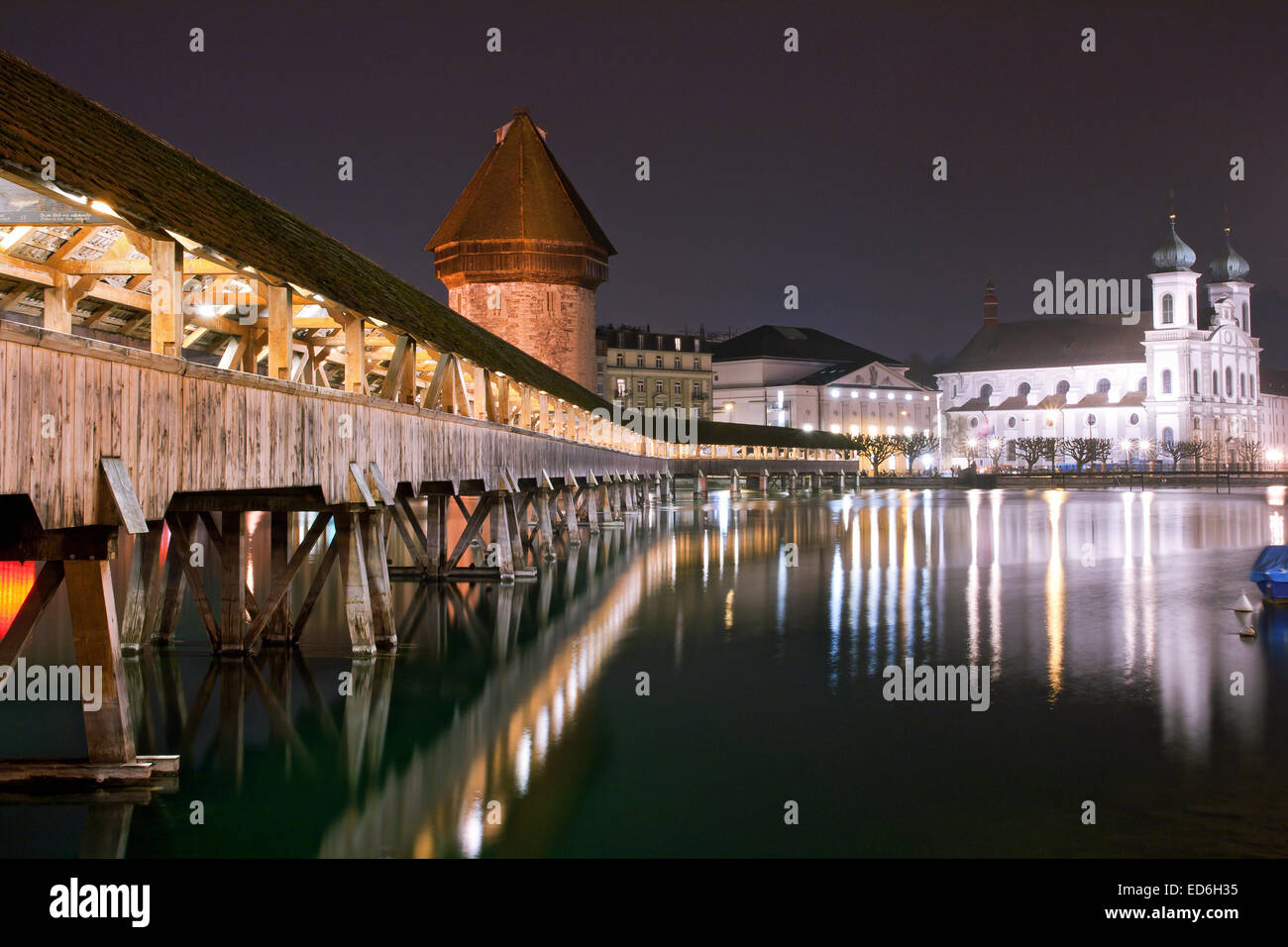Famous wooden Chapel bridge foot walkway in Lucerne, Switzerland Stock ...