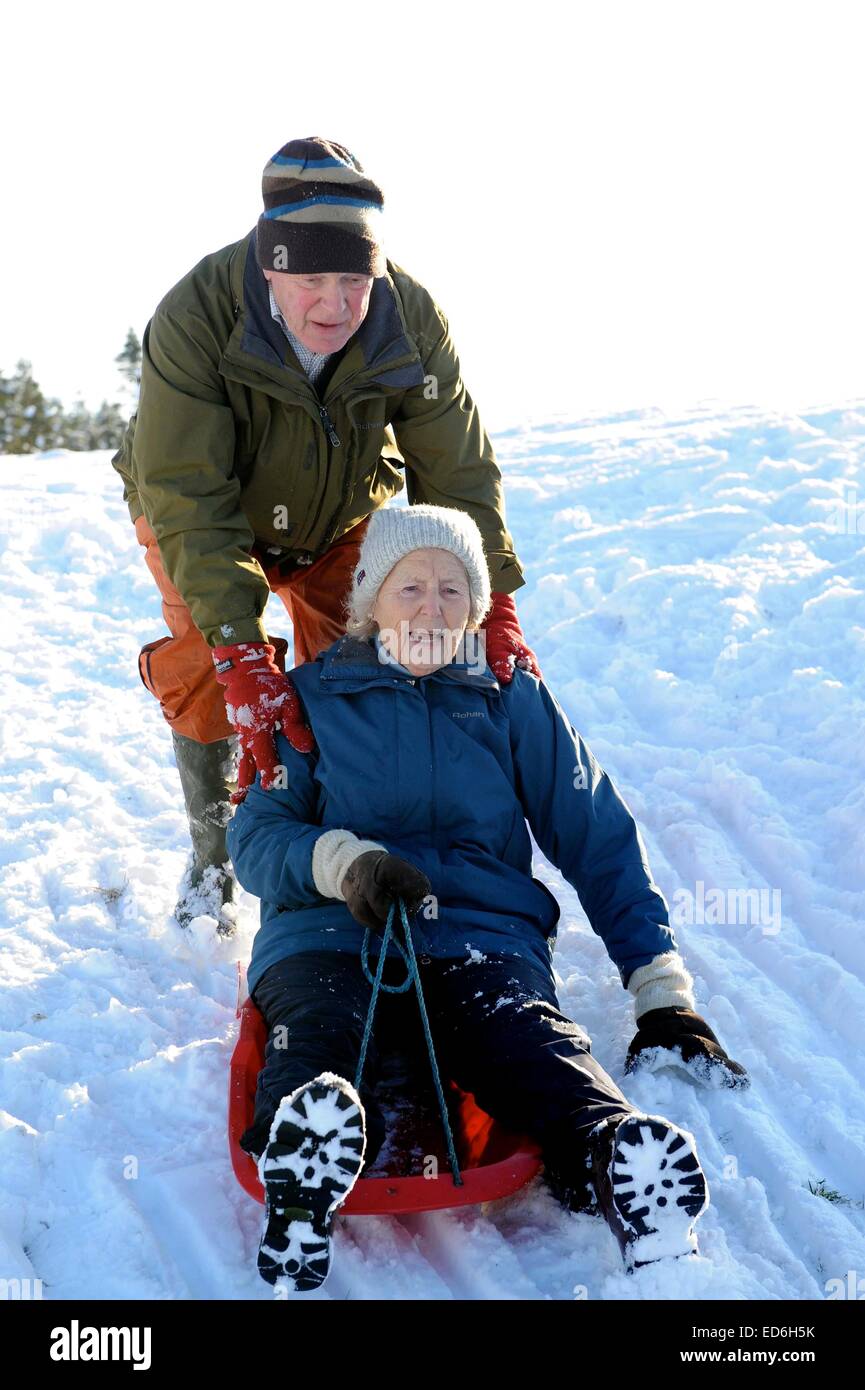 Lifestyle shot of active senior couple on sledge having fun in the snow ...