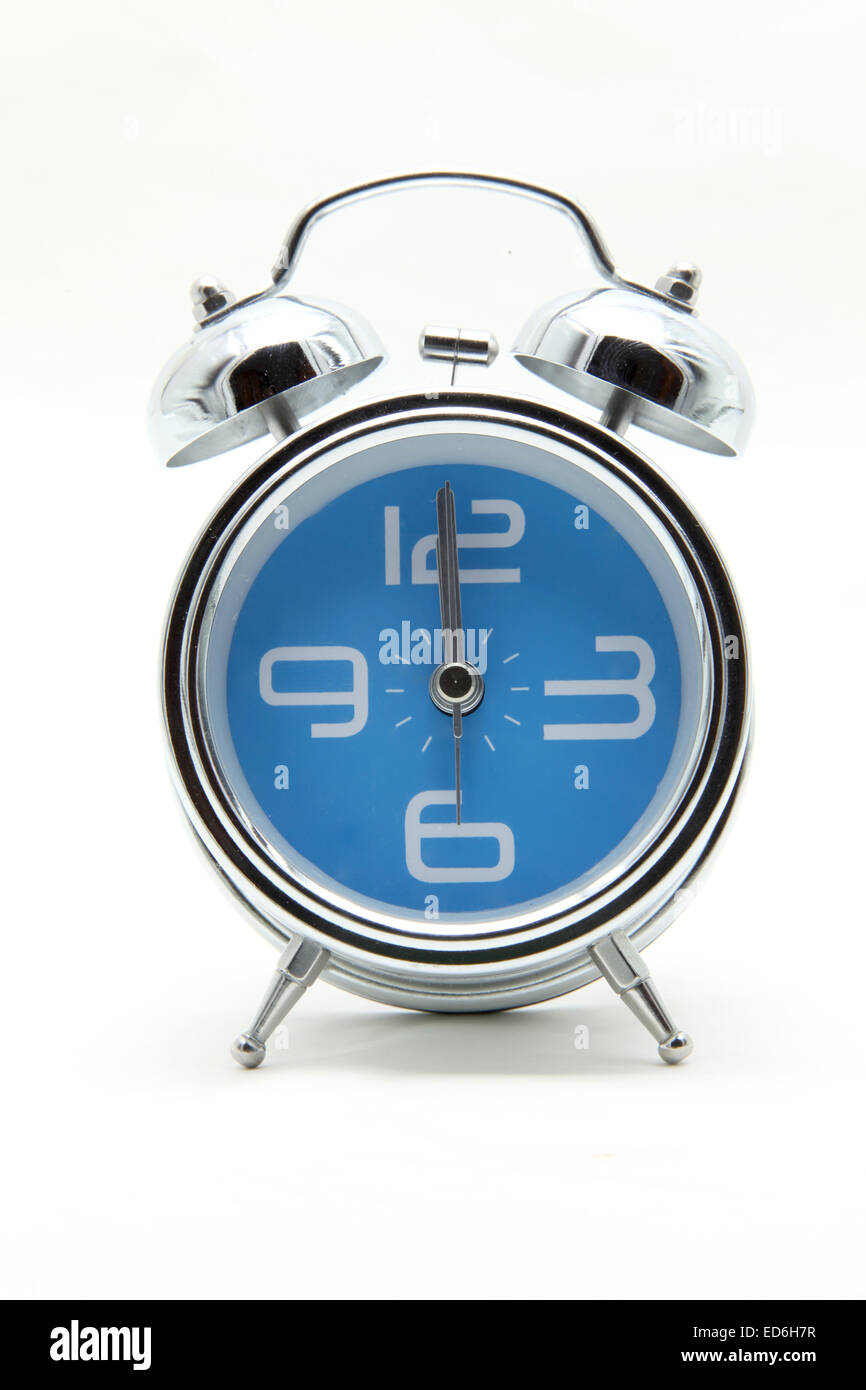 isolated light blue alarm clock on white Stock Photo - Alamy