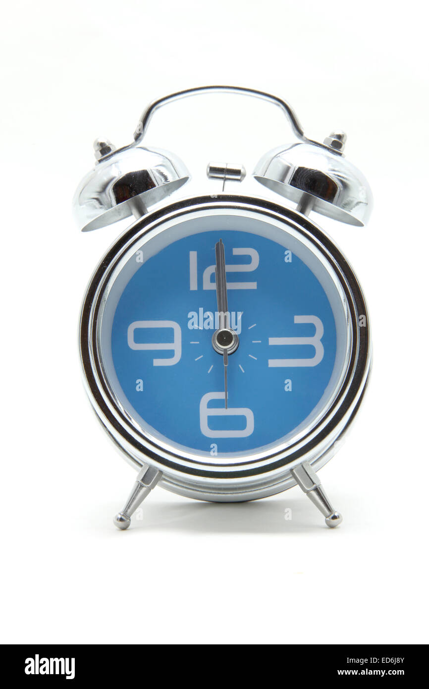 blue alarm clock front perspective Stock Photo - Alamy