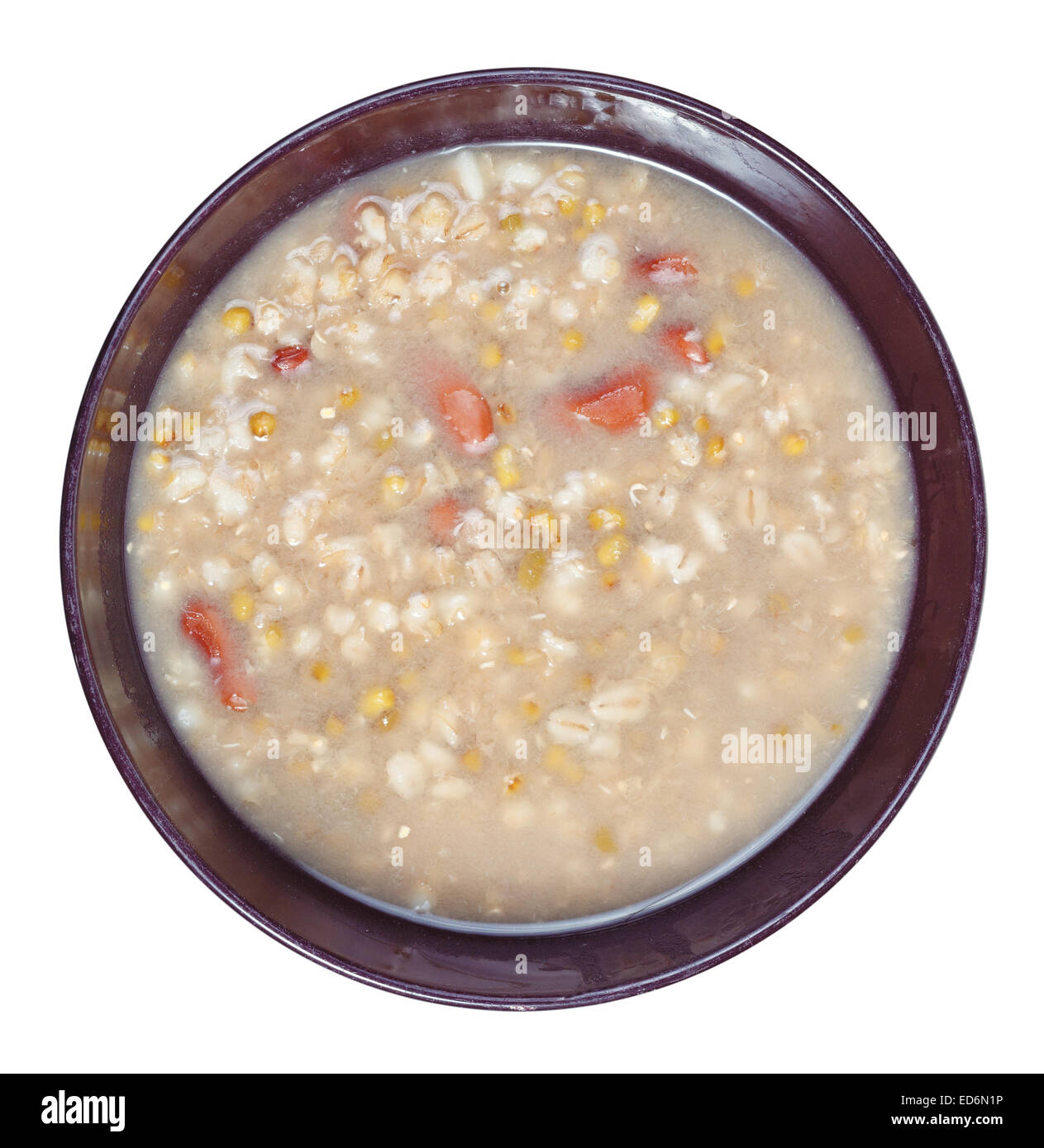 above view of mess of pottage in bowl isolated on white background ...