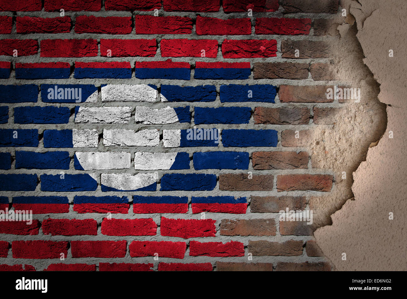 Dark brick wall texture with plaster - flag painted on wall - Laos ...