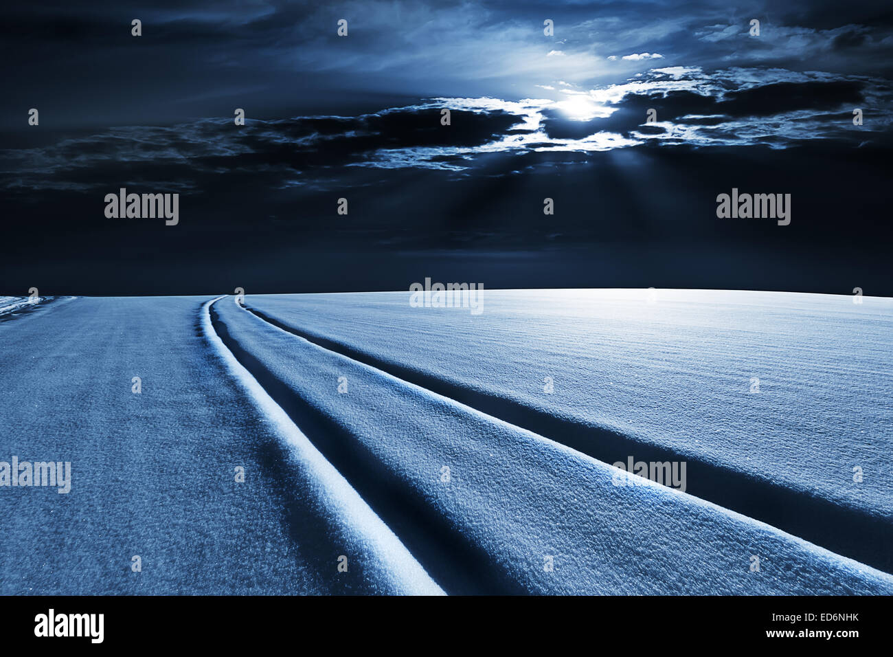 Winter night landscape with the moon and the road Stock Photo - Alamy