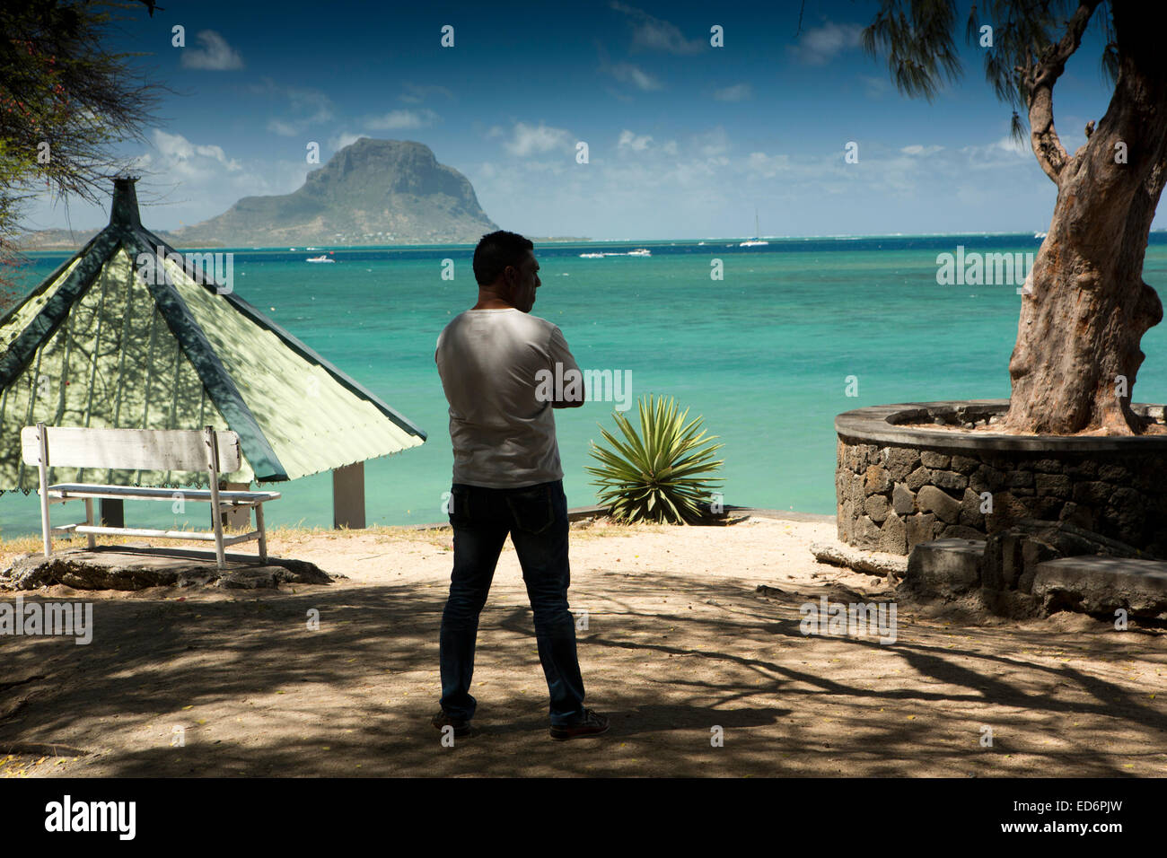 Mauritius, Tamarin, beach, man looking over idyllic tropical sea Stock ...