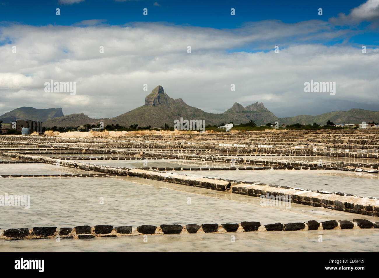Mauritius, Tamarin, Montagne du Rempart behind salt pans Stock Photo ...