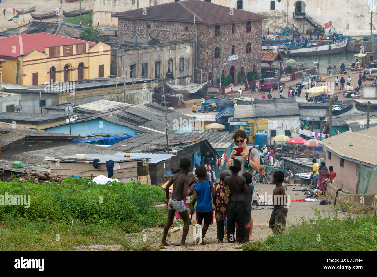 View of tourist and kids from Fort St. Jago, Elmina, Ghana, Africa ...