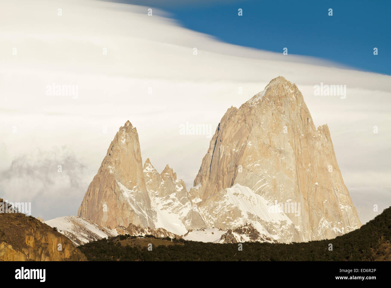 Shot of the peak of Mount Fitz Roy taken from El Chalten Stock Photo ...