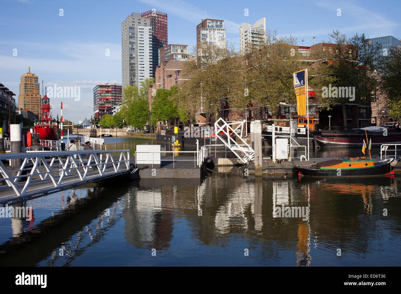 Sluice to Rotterdam Maritime Museum Harbour and city skyline, Rotterdam ...