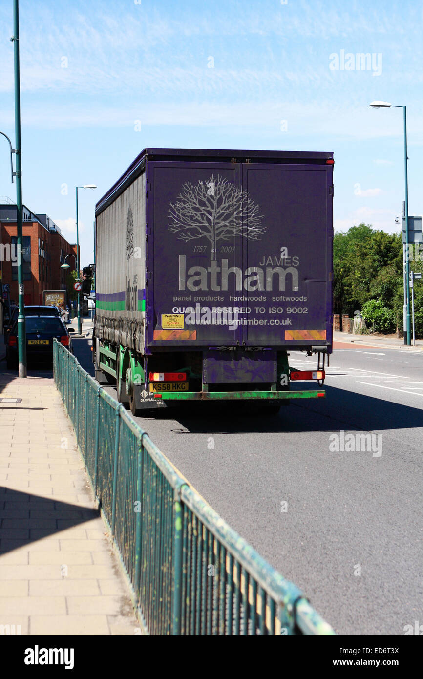 A James Latham truck traveling a road in Tolworth, Surrey, England ...