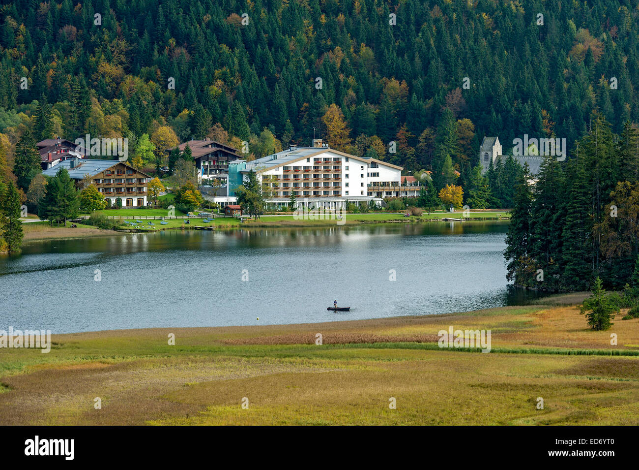 Lake spitzingsee with the hotel arabella alpenhotel hi-res stock ...