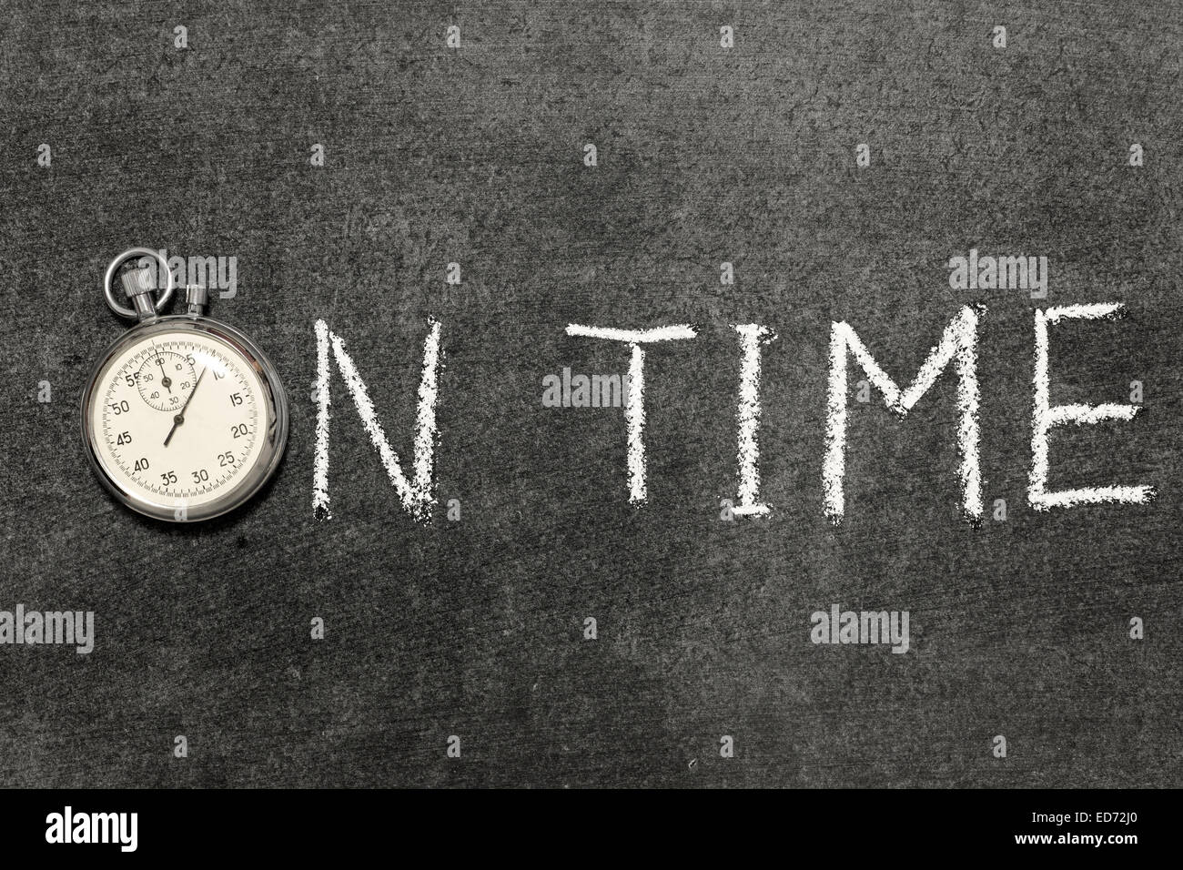 on time phrase handwritten on chalkboard with vintage precise stopwatch ...