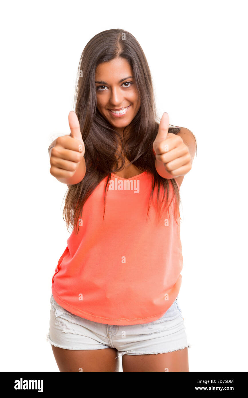 Young woman expressing positivity, isolated over white Stock Photo - Alamy